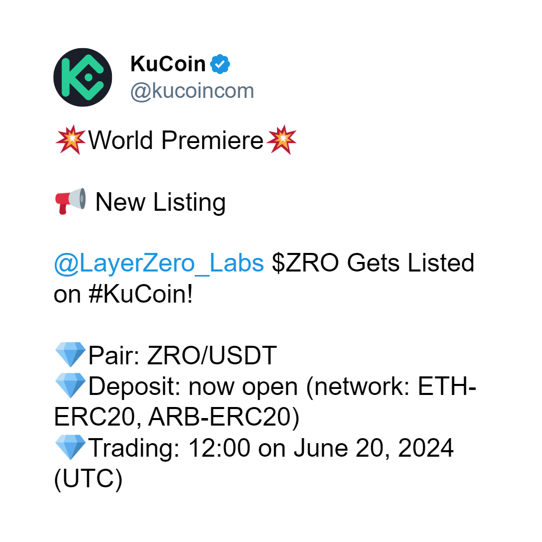 KuCoin Officially Lists LayerZero's ZRO Token on Spot Market Starting June 20 – Bittime