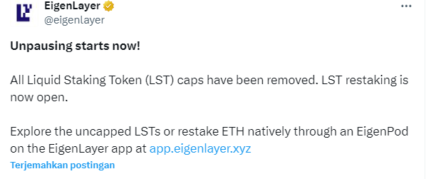 EigenLayer Buka Gerbang: Semua Batas Aset Liquid Staking Token Dicabut ...