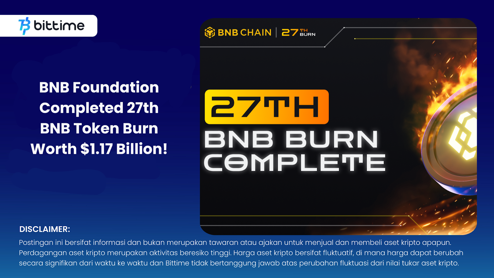 BNB Foundation Completed 27th BNB Token Burn Worth $1.17 Billion! – Bittime