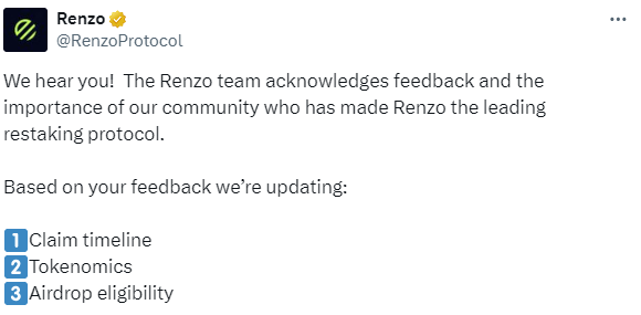 Good news! Renzo Listens to the Community and Updates the Airdrop ...