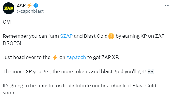 Zap Promises $ZAP Airdrop and Blast Gold for ZAP XP Holders – Bittime