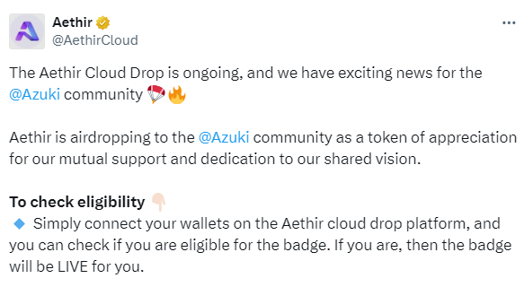 Starting today! Aethir Announces Airdrop for Azuki NFT Community – Bittime