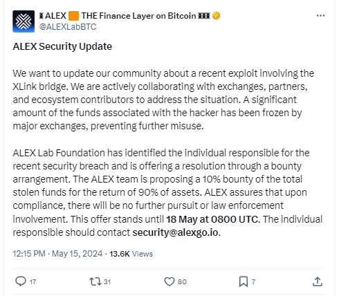Negotiation Attempts with Hackers: ALEX Lab Offers 10% Bounty for ...