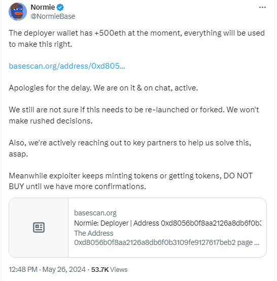 Disbursement of 500 ETH: Normie in the BASE Ecosystem Tries to Recover ...