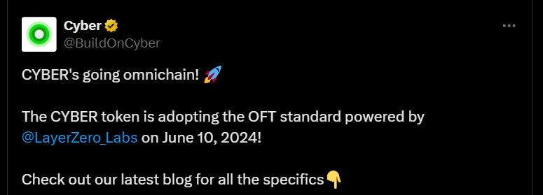 Starting June 10: CYBER Tokens Will Use the LayerZero OFT Standard ...